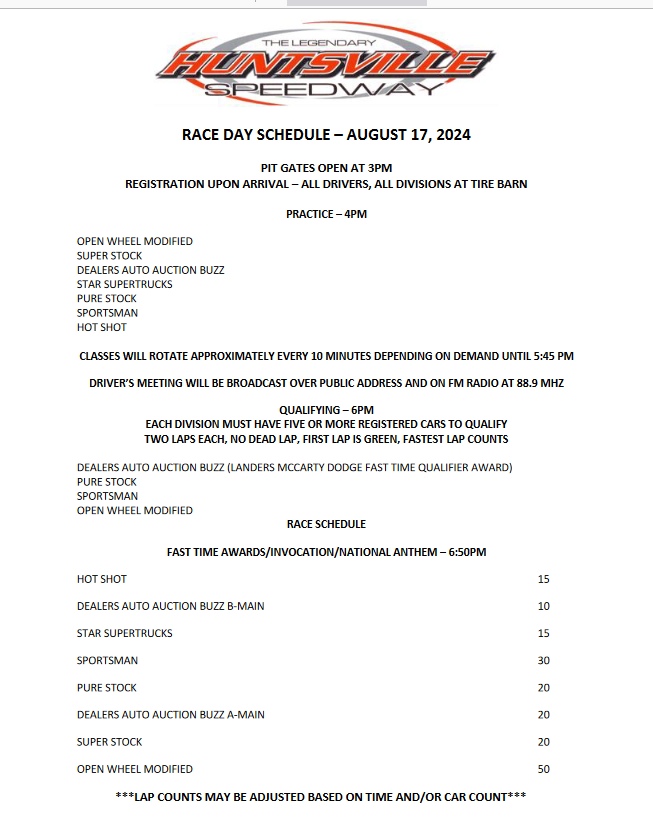 Race Day Schedule – Huntsville Speedway